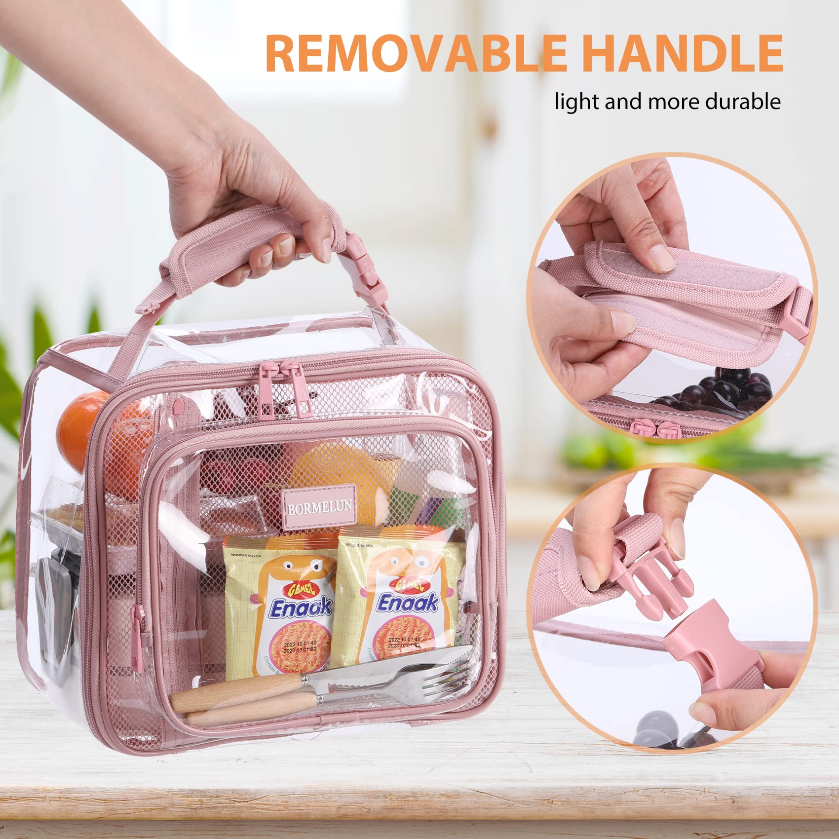 BORMELUN ® Large Pink Clear Lunch Bags for Girls,See Through Plastic Lunch Box,Tote Handle for Women,Office,School Picnic(11x9x6 inches)