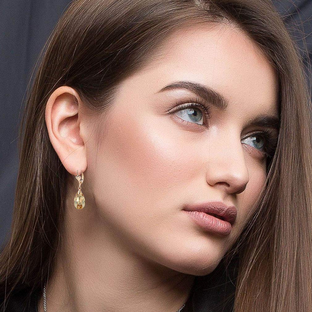 Austrian Crystal Teardrop Leverback Dangle Earrings for Women Fashion 14K Gold Plated Hypoallergenic Jewelry (Topaz)