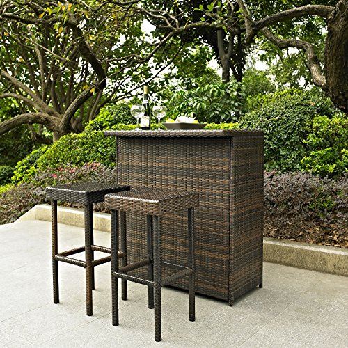 Crosley Furniture Palm Harbor 3-Piece Wicker Outdoor Bar Set with Two Stools for Backyard, Patio, Deck, Balcony, Brown