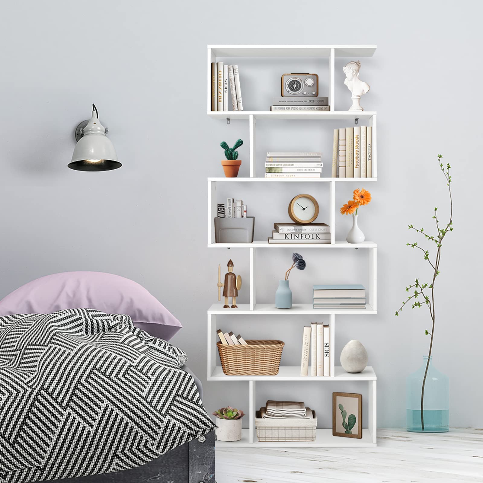 Giantex Geometric Bookcase White, S-Shaped Wooden Bookshelf, 6-Tier Modern Freestanding Decorative Storage Display Shelves for Bedroom, Living Room