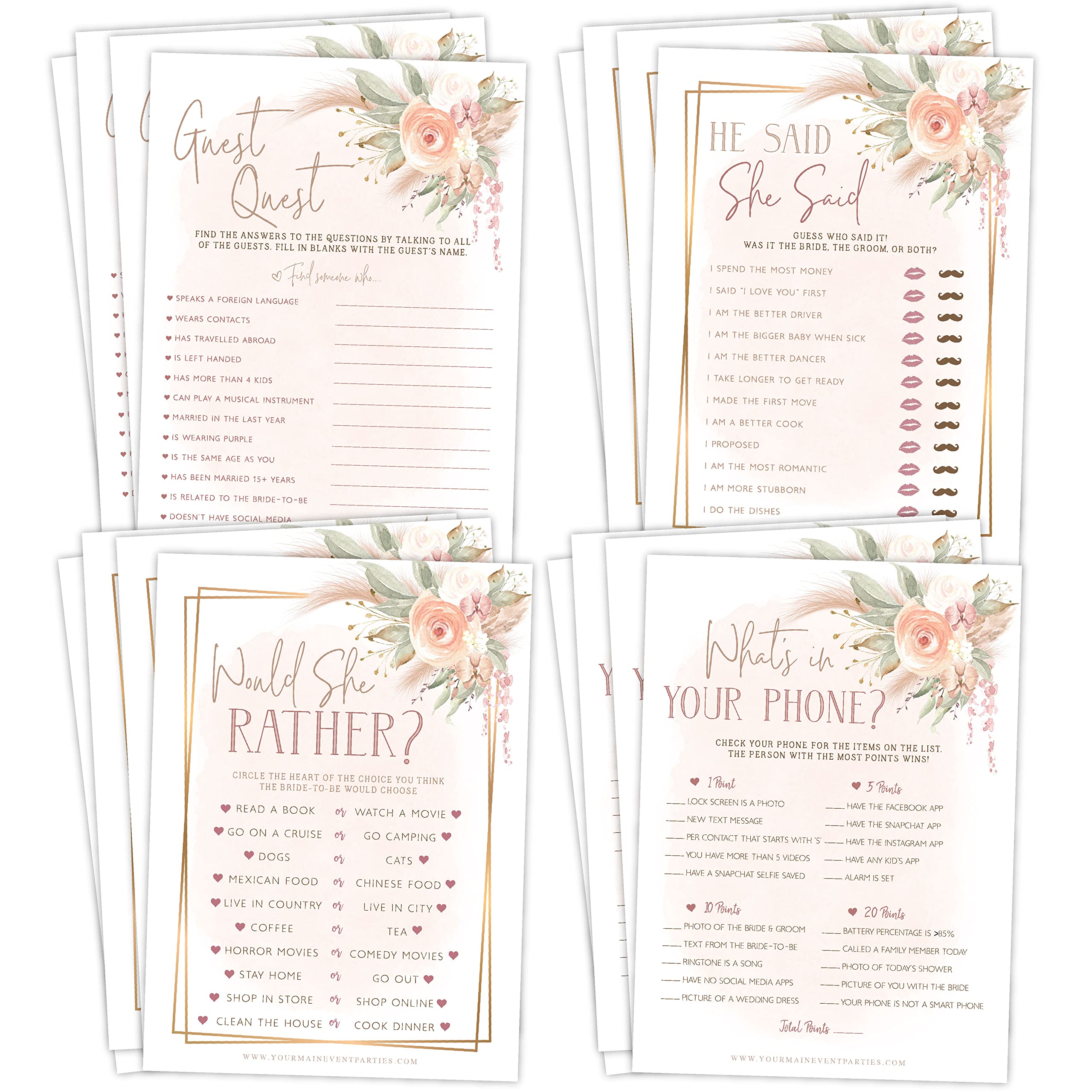 Your Main Event Prints Boho Bridal Shower Bachelorette Games - Floral Neutral Theme - He Said She Said, Find The Guest, Would She Rather, What's In Your Phone - 25 Games Each, 1 Game Per Side