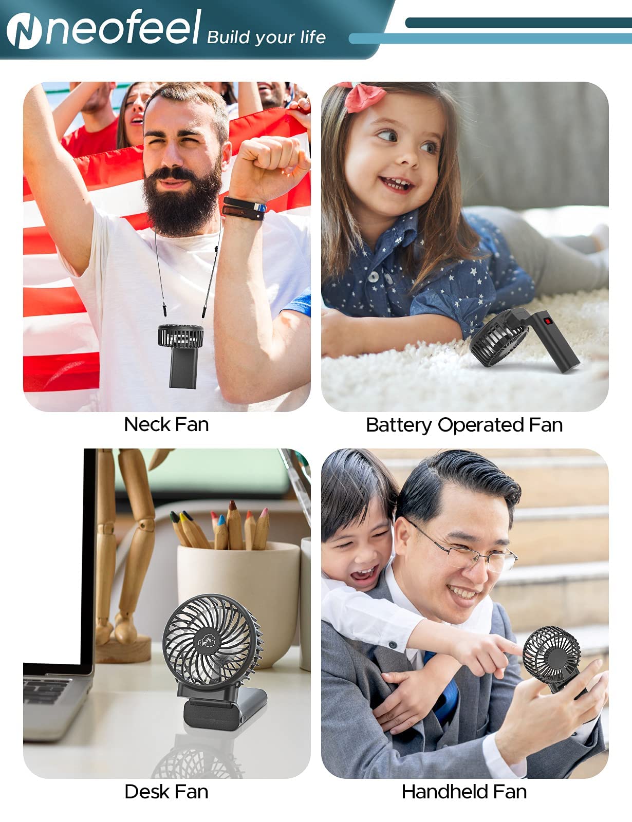 neofeel Portable Handheld Fan, 4000mAh 15hrs Personal Fan with Adjustable Lanyard, 4 Speeds Battery Operated Fan In Rechargeable for Hiking, Travel, Office, School, Camping