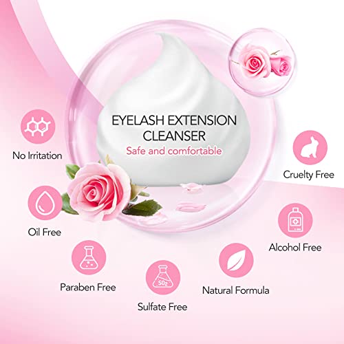 AuReve Eyelash Extension Cleanser Lash Shampoo Eyelash Extension Shampoo Lash Foam Cleanser Eyelid Cleanser for Makeup Remover Eyelash Care, Paraben & Sulfate Free for Salon and Home Use (Rose 600ml)