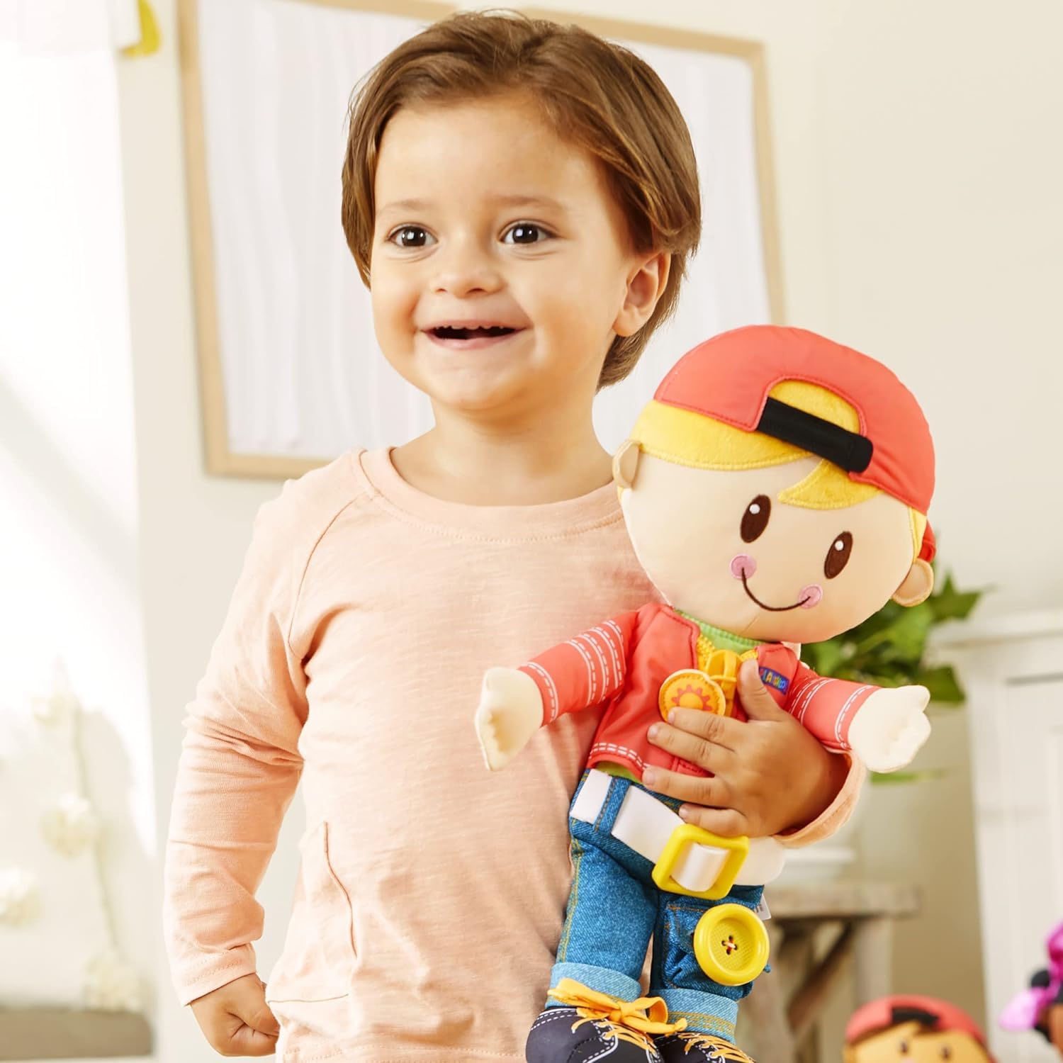 Playskool Dressy Kids Doll with Blonde Hair and Hat, Activity Plush Toy with Zipper, Shoelace, Button, for Kids Ages 2 and Up (Amazon Exclusive)