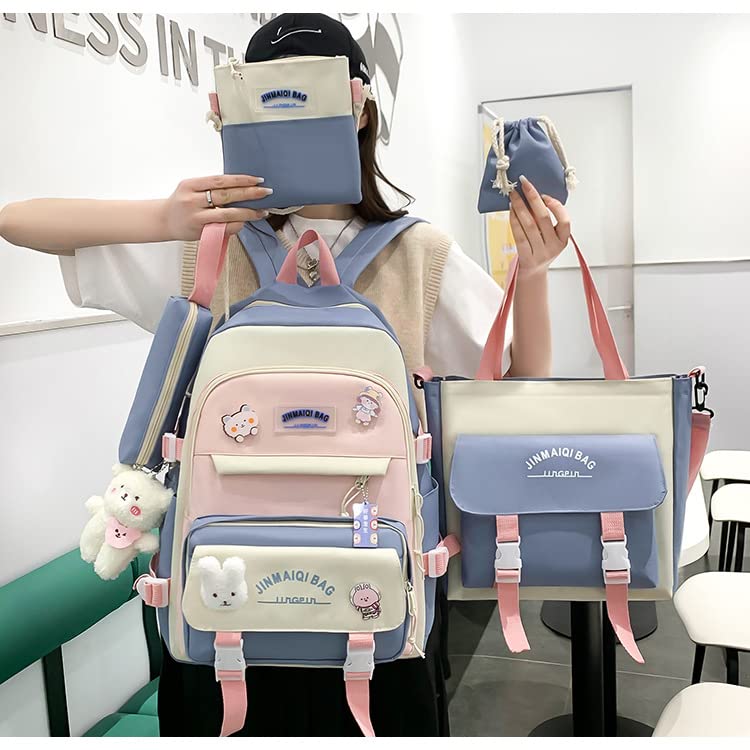DAHUOJI Kawaii Backpack Set 5pcs Aesthetic Backpack for School Teens Girls Daypack Large with Pendants and Pins, Pen Case, Tote Bag, Small Bag(Blue)