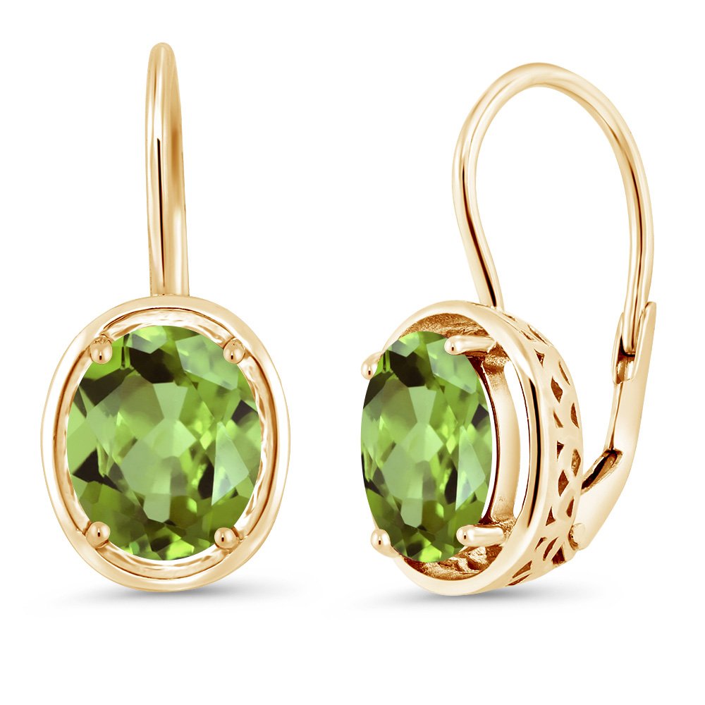Gem Stone King 18K Yellow Gold Plated Silver Green Peridot Dangle Earrings For Women (3.60 Cttw, Gemstone Birthstone, Oval 9X7MM)