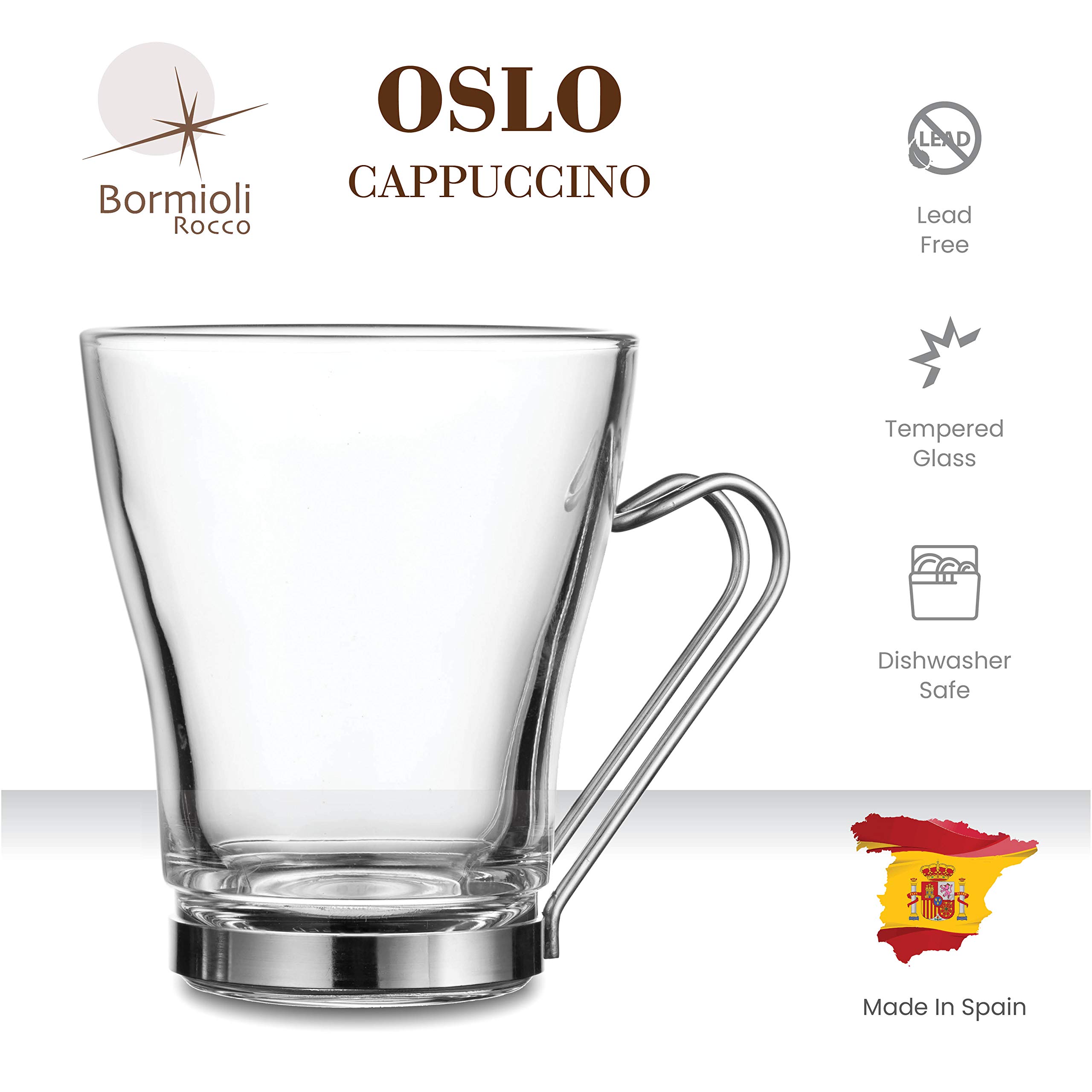 Bormioli Rocco OSLO Glass Coffee Mug - 7 ½ Ounce Espresso Cups (4 Pack) with Metal Handle Perfect Tea Glasses for hot and cold beverages, Thermal Shock Resistant, Tempered Glass, for Latte, Cappuccino