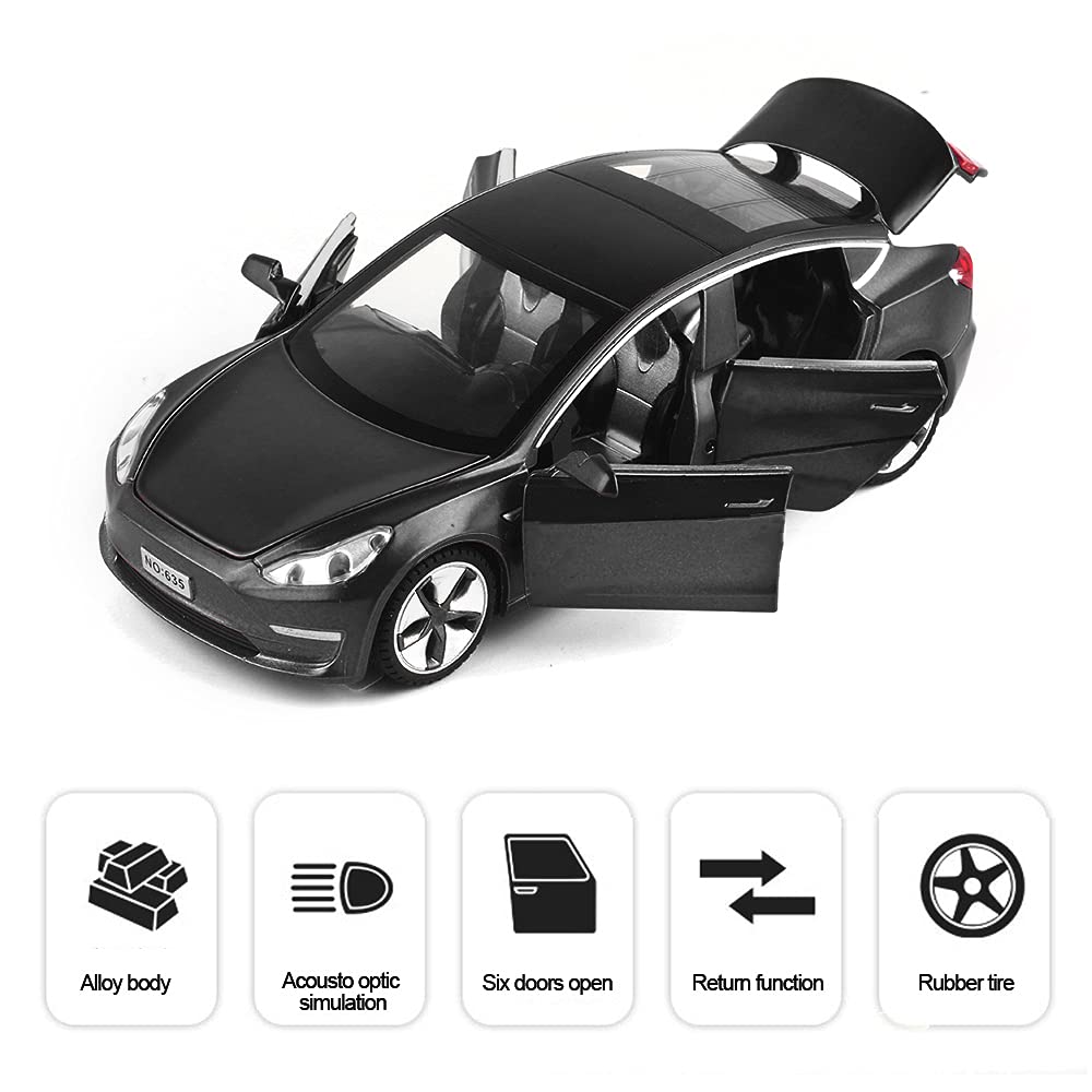 Model 3 Toy Car 1:32 Scale Alloy Car Model 3 Diecast & Pull Back Toy Vehicles Car Toy for 3 to 12 Years Old Toddlers Kids Toy Gift - with Lights and Music (Black)