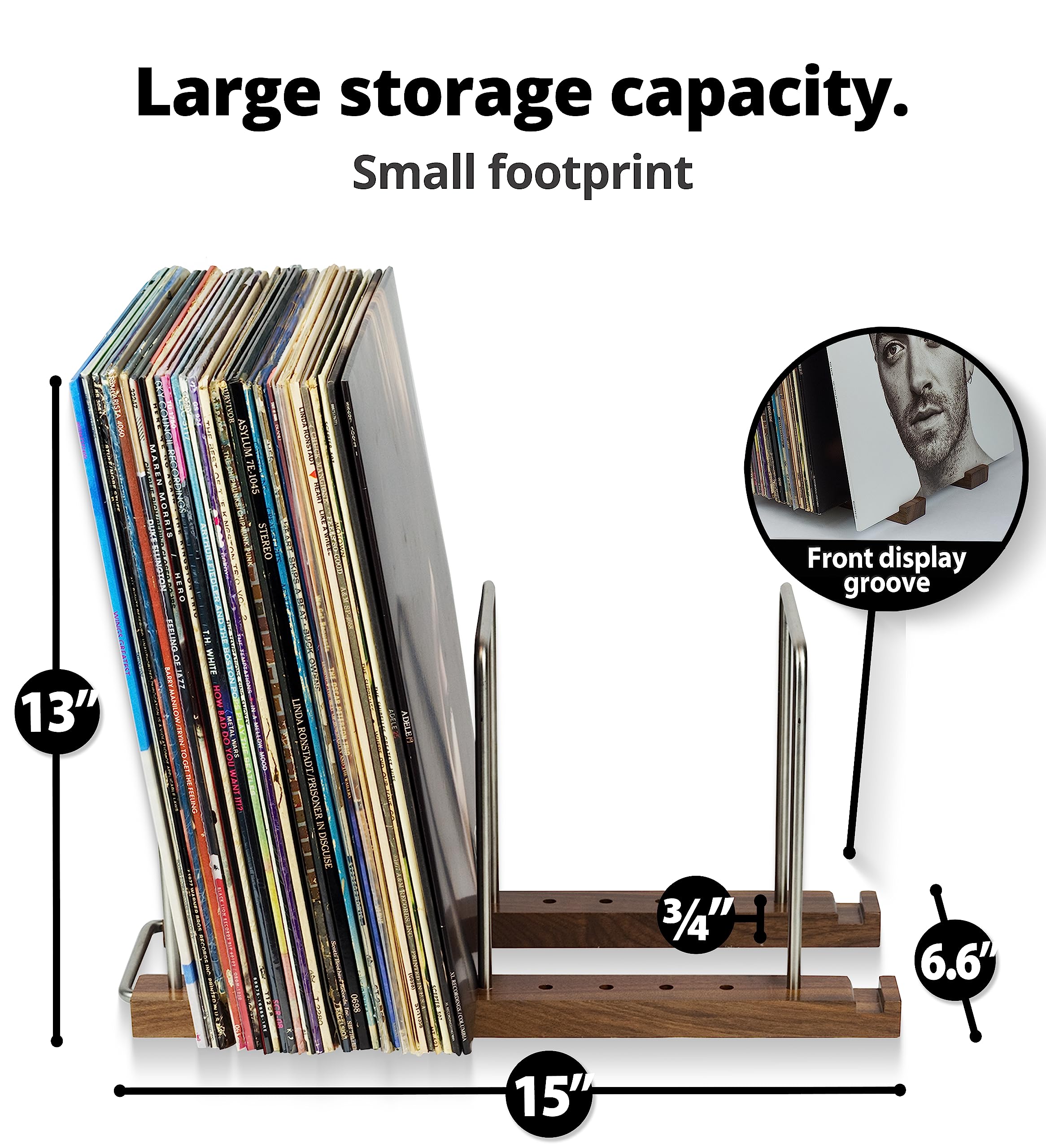 Durable Vinyl Record Storage Holder for 75 LPs, Solid Walnut Vinyl Record Stand with Built-in Now Playing Display, Sleek Vinyl Record Holder & Display for Albums
