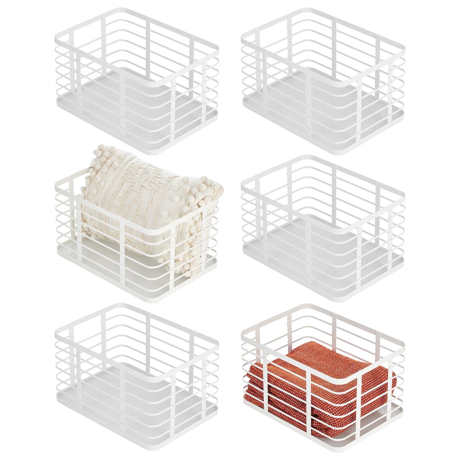 mDesign Metal Steel Wire Storage Basket Bin w/Built-in Handle, Open Top Industrial Design for Closet, Shelf Organization; Organize Clothes, Accessories, Carson Collection - 6 Pack - Matte White