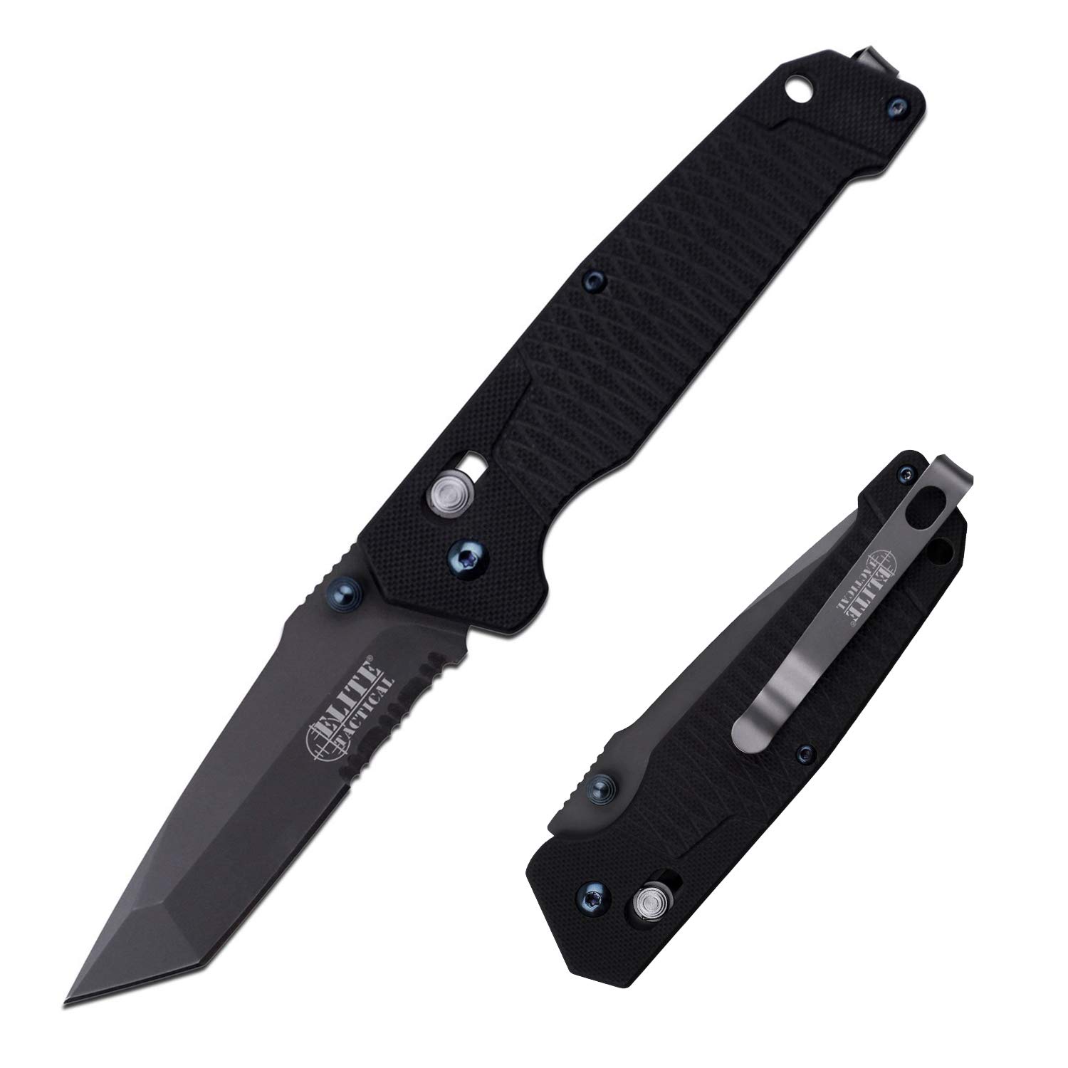 Elite Tactical - Folding Pocket Knife - Tanto Point Serrated Blade with Black G10 Handle and Pocket Clip - Rapid Lock Tactical Military Knife - 8" Overall Length