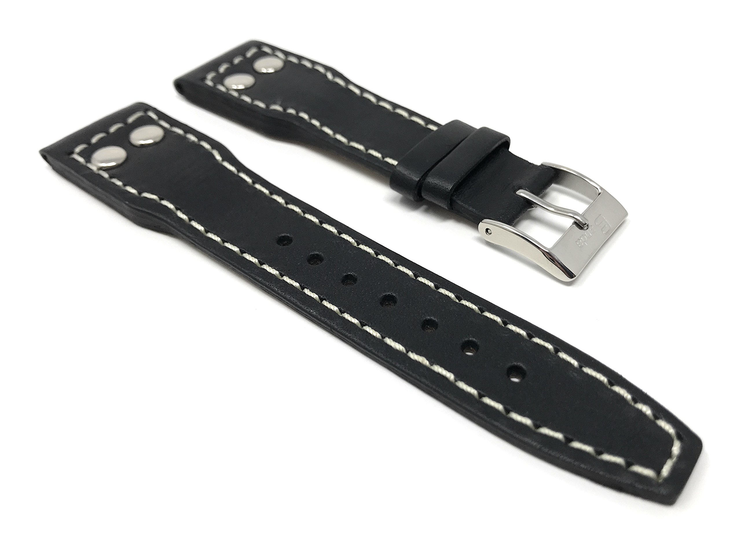 Bandini 18mm Mens Italian Leather Watch Band Strap - Black - 2 Rivets for IWC Pilot
