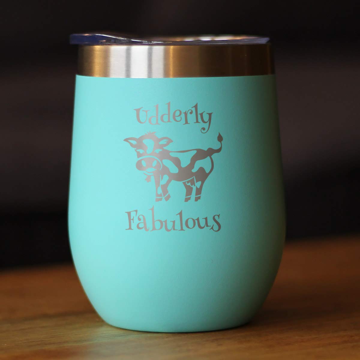 Bevvee Udderly Fabulous - Cow Wine Tumbler with Sliding Lid - Stemless Stainless Steel Insulated Cup - Funny Outdoor Camping Mug - Teal