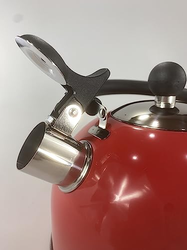 Deep Red 2.5 Quart Whistling Tea Kettle - Constructed from 18/8 Stainless Steel and Ergonomic Stay Cool Handle with One-Hand Pouring Mechanism