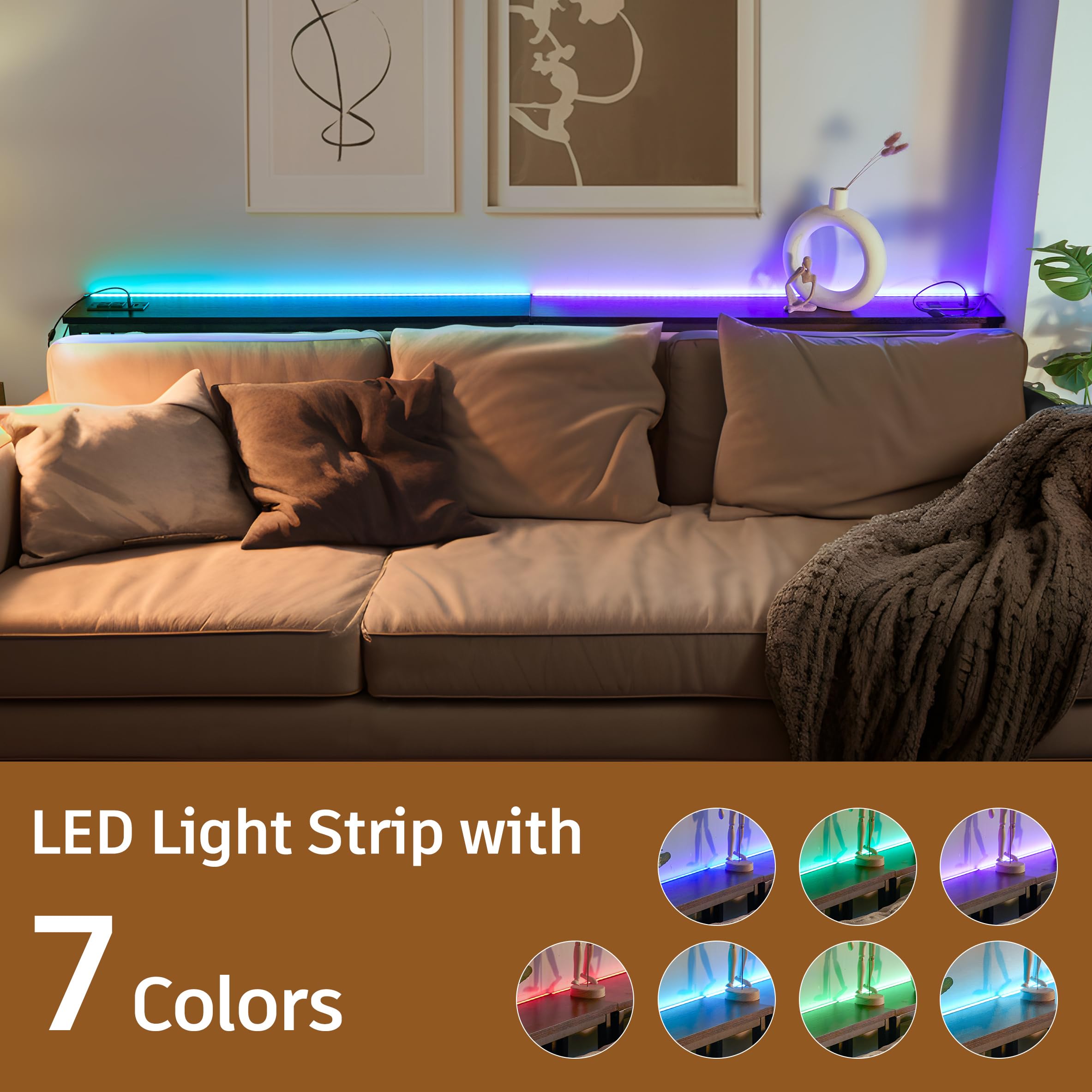 ELYKEN 5.9" Narrow Console Sofa Table with 7 Colors LED Light Strip, 5.9" Dx39.4”Wx31.1”H Long Behind Couch Table with Power Outlet&USB Port, Skinny Table Metal Frame 6.5’ Power Cord