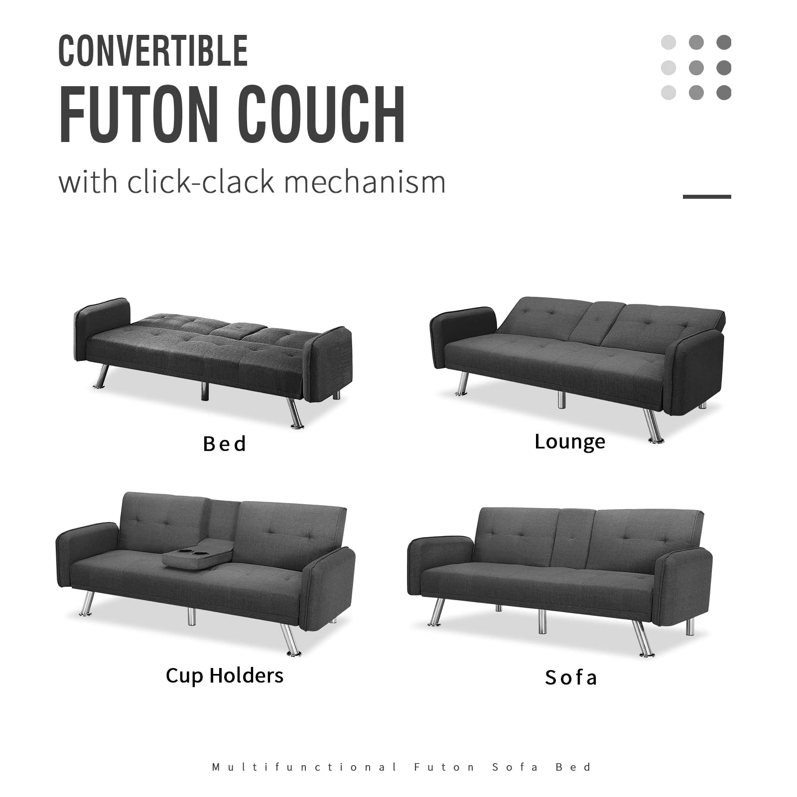 IULULU Futon Sofa Bed, Convertible Couch with 2 Cup Holders Loveseat with Armrest for Studio, Apartment, Office, Living Room, Dark Grey