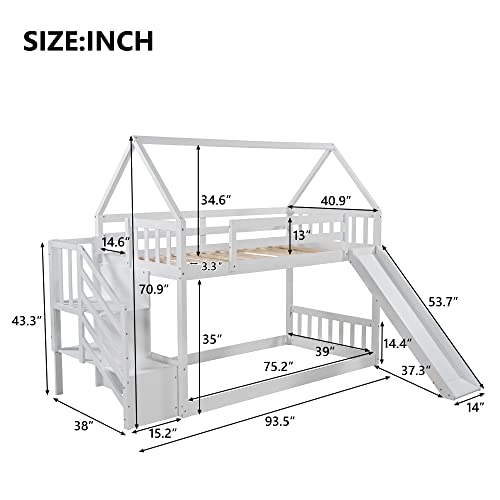 DEYOBED Twin Over Twin Wooden Bunk Bed with Slide and Storage Staircase for Kids Adults
