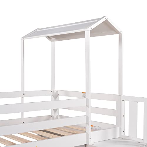 DEYOBED Twin Over Full House Shaped Wooden Bunk Bed with Detachable Loft Bed, Trundle, Storage Staircase, and Shelves - Versatile Sleep and Storage Solution for Kids, Teens, Adults | Twin-Full Size