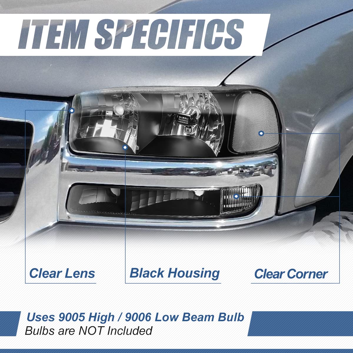 Auto Dynasty 4PCS Factory Style Headlights Assembly and Bumper Lamps Compatible with GMC Sierra Yukon 1500 2500 3500 GMT800 99-07, Driver and Passenger Side, Black Housing Clear Corner