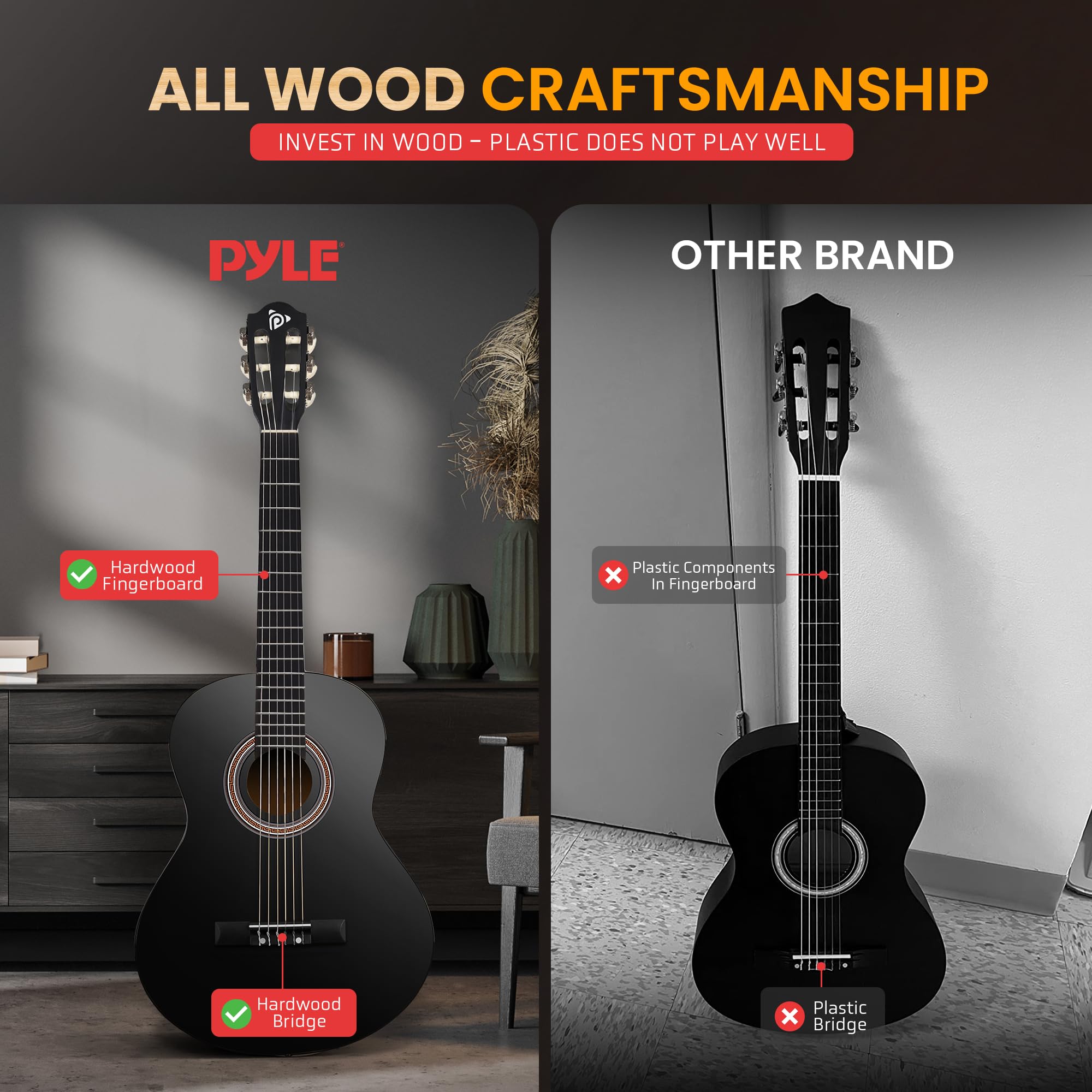 Pyle Beginner Acoustic Guitar Kit, 3/4 Junior Size All Wood Build Nylon Instrument with Capo, Gig Bag, Strap, Extra String Set, for Students Adults and Youth, 36" Black Gloss