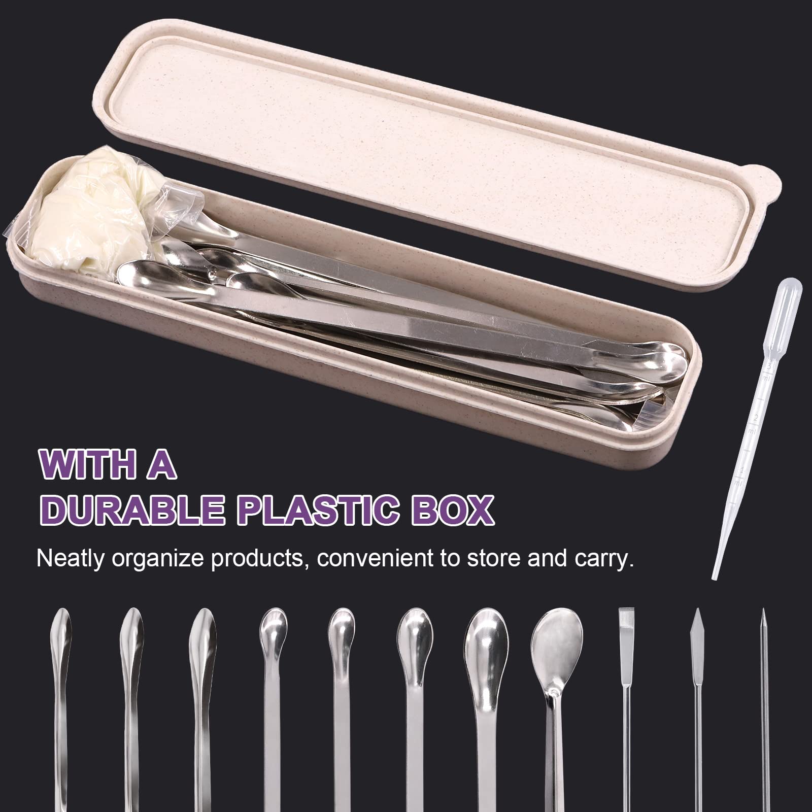 Swpeet 74Pcs Stainless Steel Micro Lab Scoop Spoon Lab Spatulas with 3ML Plastic Transfer Pipettes Kit, Pill Filler Tamper Tool Micro Spatula Steel Spoon Reagent Mixing Spatula Long Sampling Spoon