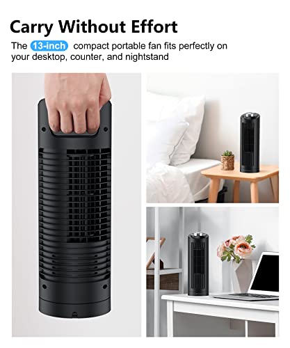 Cofeow Tower Fan, 2023 New Portable Electric Desk Fan, 70°Oscillating, 20ft/s Quiet Cooling, 13 Inch, Standing Table Fan with 3 Modes, Bladeless fan for Bedroom, for Office Desktop Deep Black