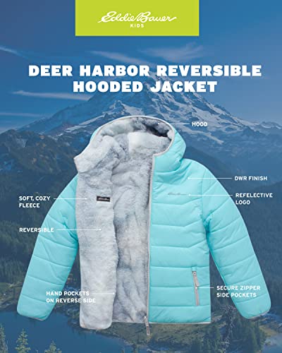 Eddie Bauer Girls' Reversible Jacket - Deer Harbor Waterproof Lightweight Puffer Coat with Faux Shearling Lining (5-20), Size 5/6, Aqua