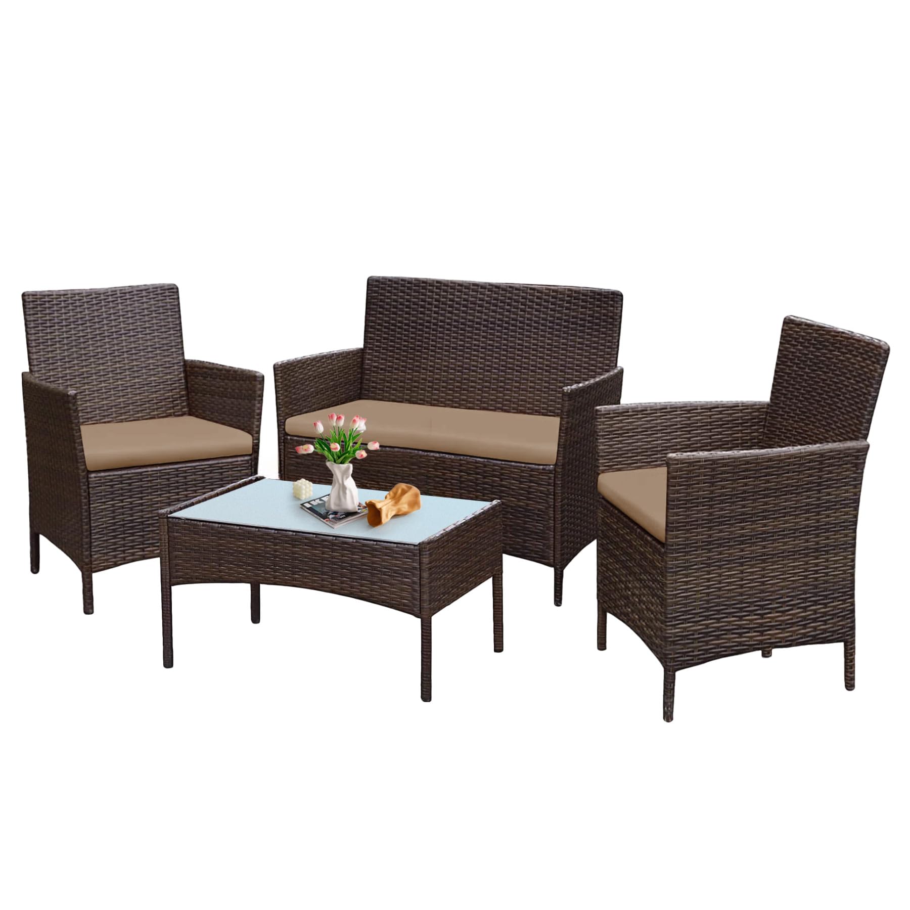 PROHIKER 4 Piece Outdoor Wicker Patio Conversation Furniture Set, Rattan Chair Wicker Sofa Garden Conversation Sets with Cushion and Glass Table for Yard Pool or Backyard, Brown/Khaki