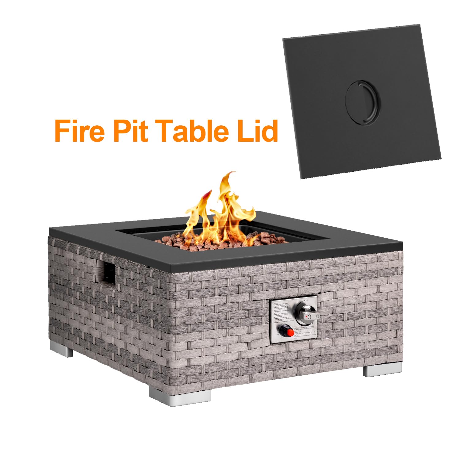 AUSROMASHO 24'' Outdoor Fire Table 50,000 BTU Fire Table with Brown Wicker Rattan Gas Firepit Table 2 in 1 Fireplace for Outdoor, Patio Backyard W/Lid and Lava Stone (Grey)