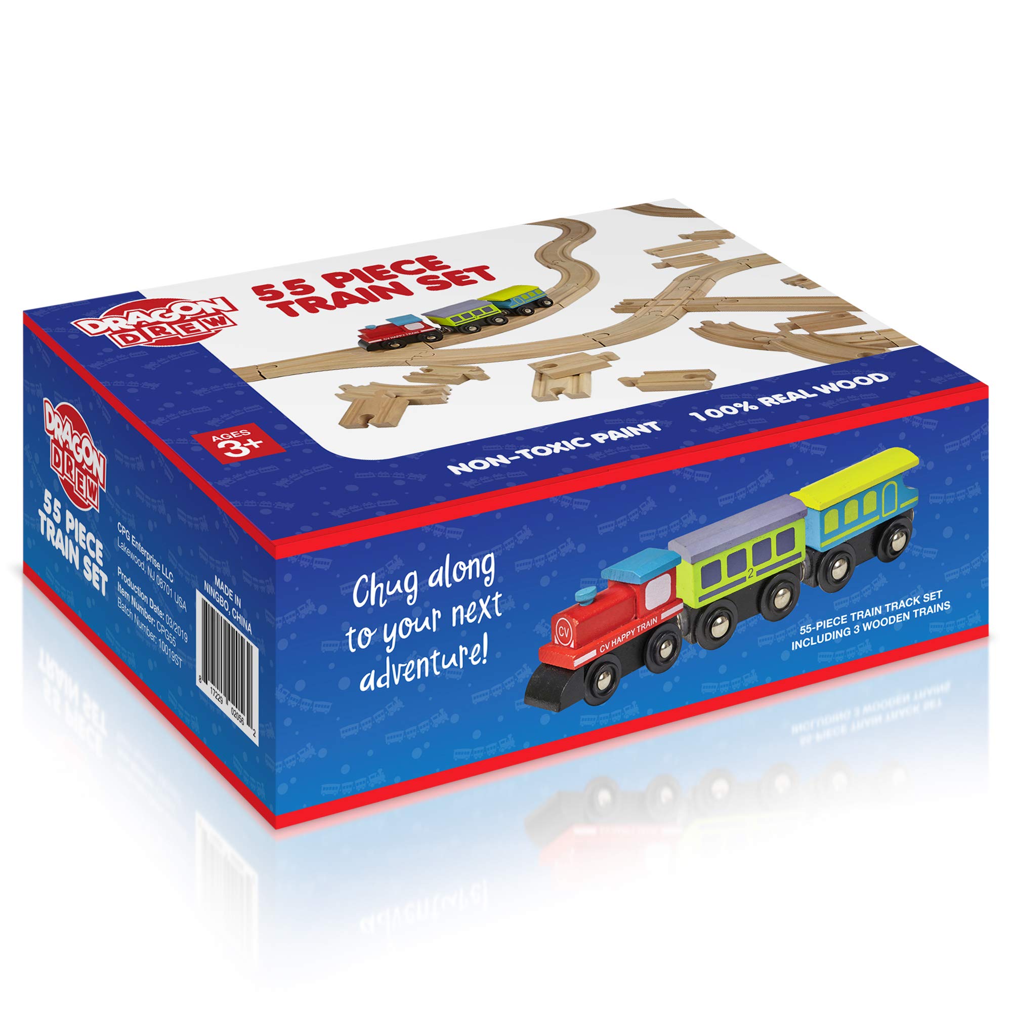 Dragon Drew Wooden Train Tracks - 55 Piece - Compatible with Brio, Thomas, Chuggington and All Major Brands – Accessories and Expansion Kit Includes 52 Tracks and 3 Cute Cars