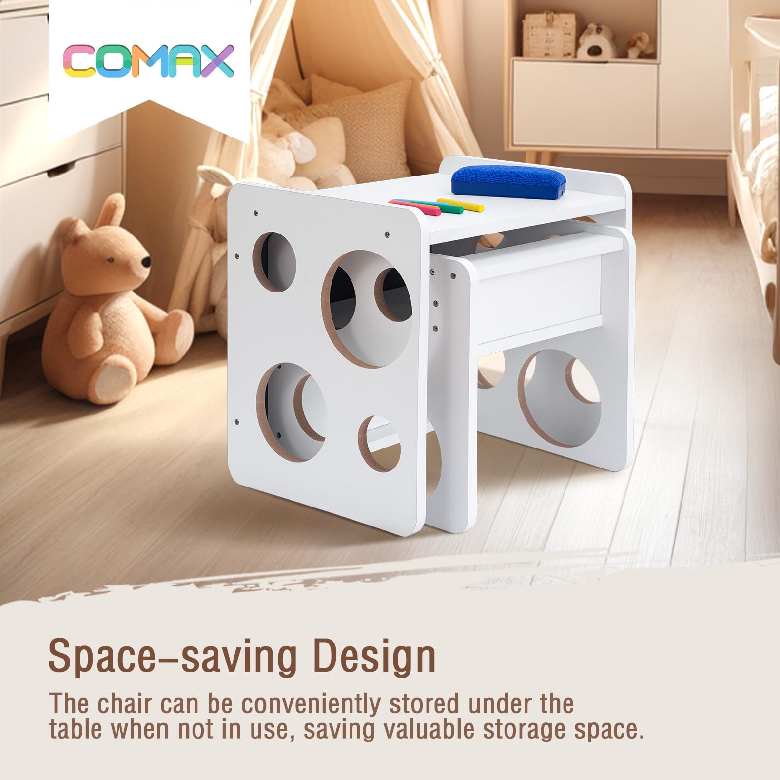 COMAX 3-in-1 Weaning Table Cube Chair Montessori Baby Table and Chair Set for Toddlers 1-3, Small Toddler Chair and Table Set, Wood Single Infant Activity Dining Table
