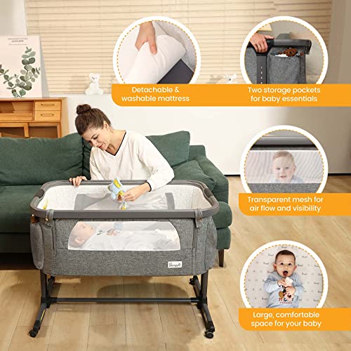 Li’l Pengyu Bedside Bassinet for Baby, Adjustable Baby Bassinets Bedside Sleeper with Cotton Mattress,Tool-Free Assemble Portable Rolling Cribs with Travel Bag Large Breathable Mesh (Gray)
