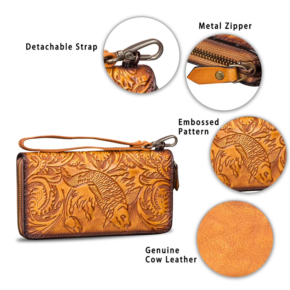 Genuine Leather Wallet Women's Zip Around Wristlet Long Purse Vintage Embossing Cowhide Capacity Handmade Clutch (Brown)