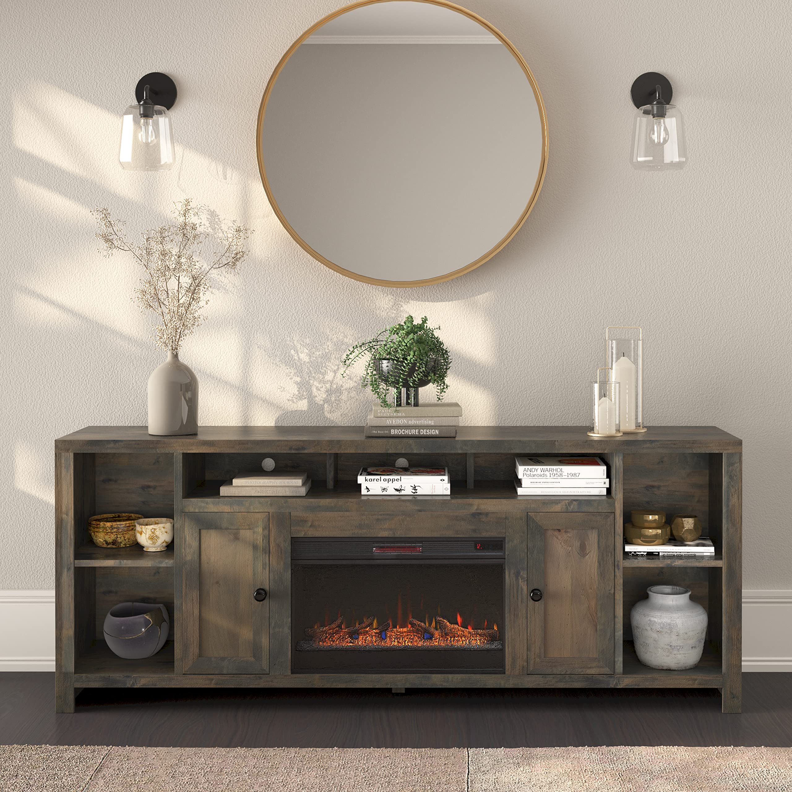 Bridgevine Home Rustic Joshua Creek Fireplace TV Stand Entertainment Center, Accommodates TVs up to 95 Inches, Fully Assembled Knotty Alder Solid Wood, 84 Inches, Barnwood Finish