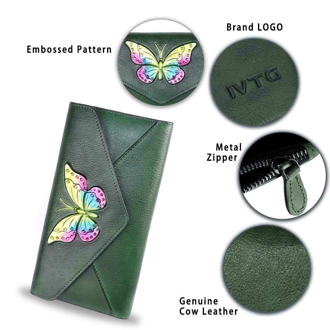 Genuine Leather Wallets for Women RFID Blocking Purse Vintage All in One Organizer Handmade Long Wallet Luxury Clutch (Green)