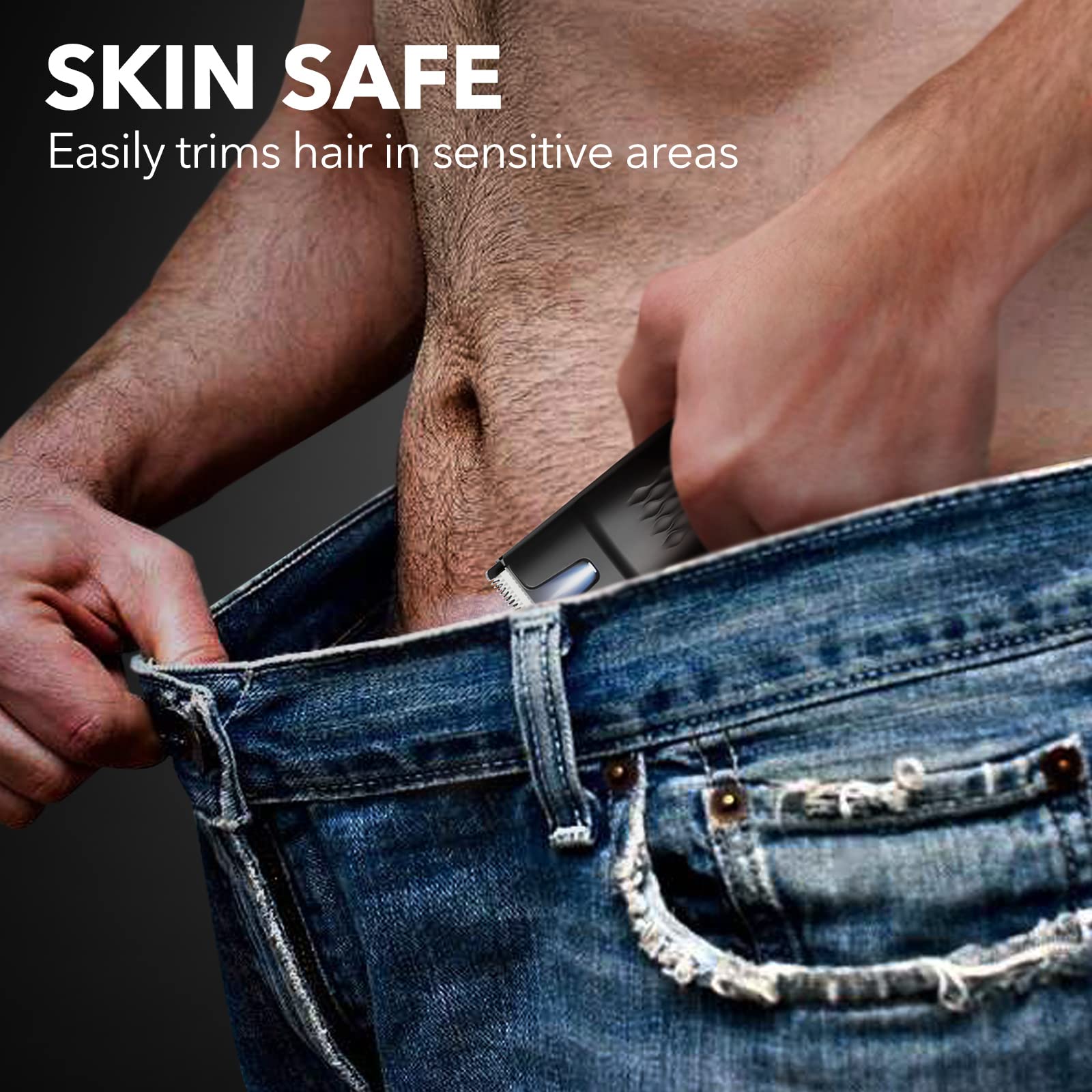 Beesjuy Men's Body Hair Trimmer, Waterproof and Dry Use, LED Light, Ceramic Blade, Matte Material, 100 Minutes Battery Life