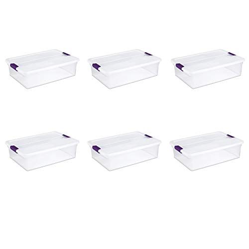 Sterilite 17551706 32 Quart/30 Liter ClearView Latch Box, Clear with Sweet Plum Latches, 6-Pack,Sweet Plum Handles
