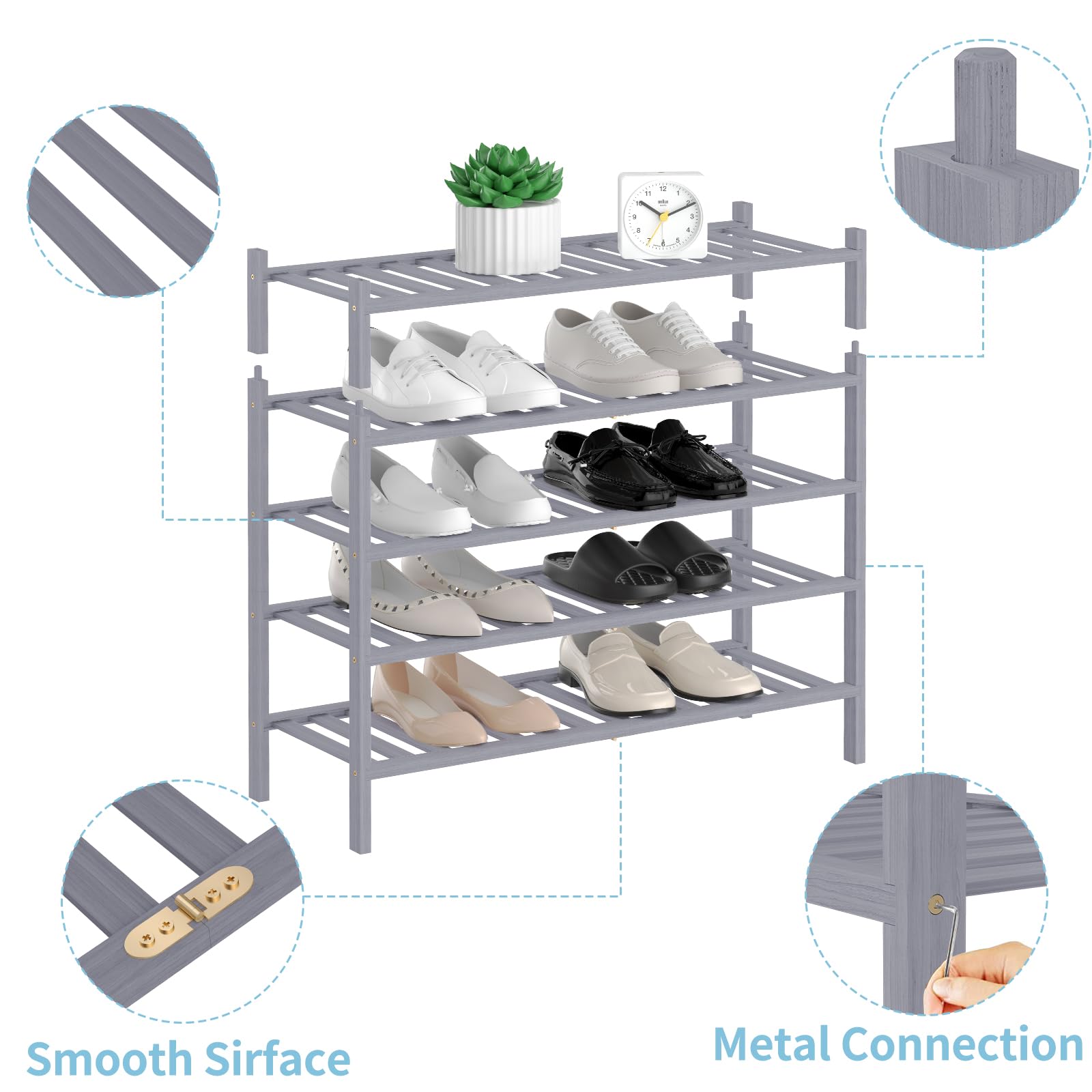 RONGJIA 5-Tier Natural Bamboo Shoe Rack - Stackable Storage Shelf with Multi-Function Combinations - Free Standing Shoe Racks for Convenient Shoe Organization(Gray) 11" D x 27" W x 35" H