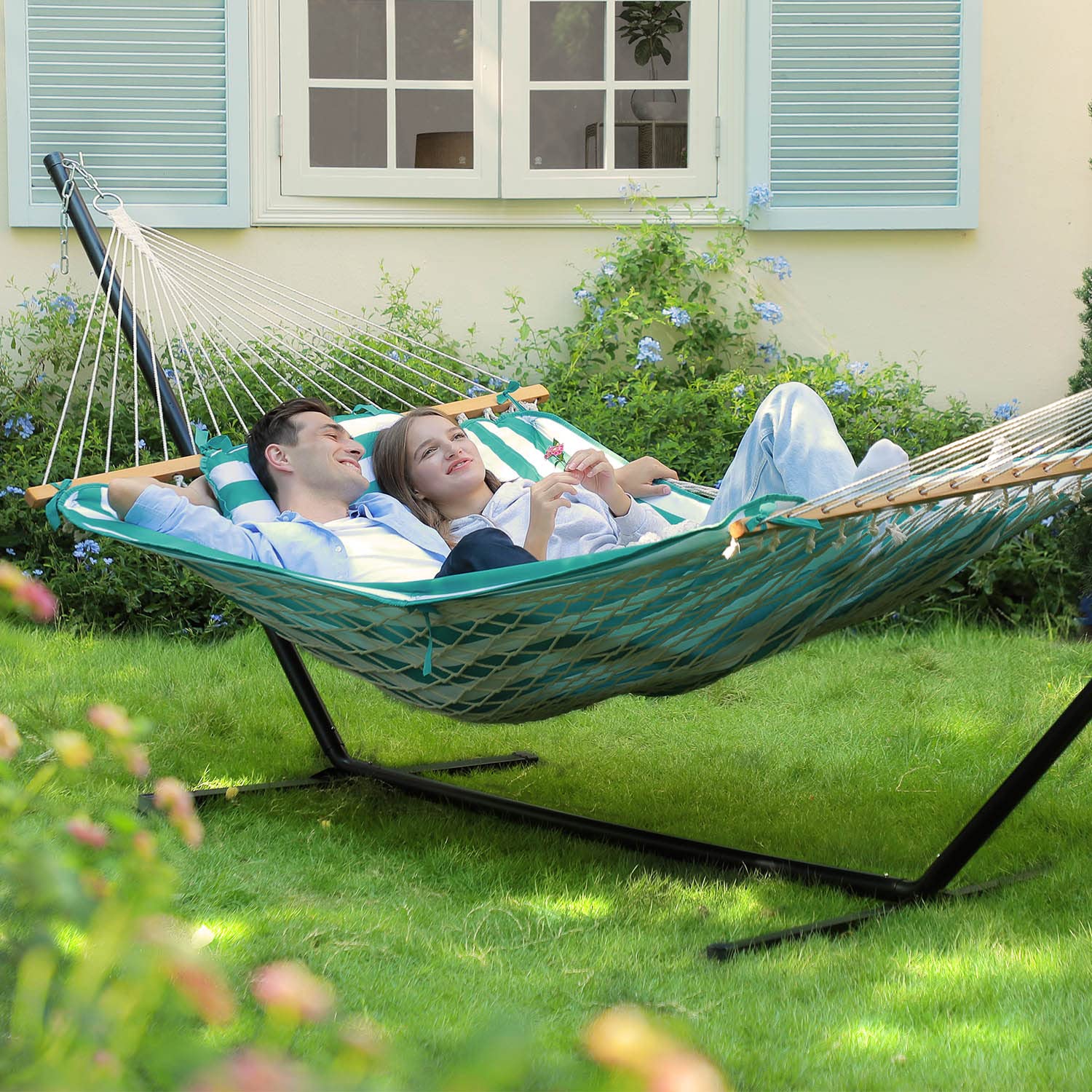 Double Outdoor Hammock with Stand, 2 Person Cotton Rope Hammock with Polyester Pad and Pillow for Backyard Porch Patio Garden