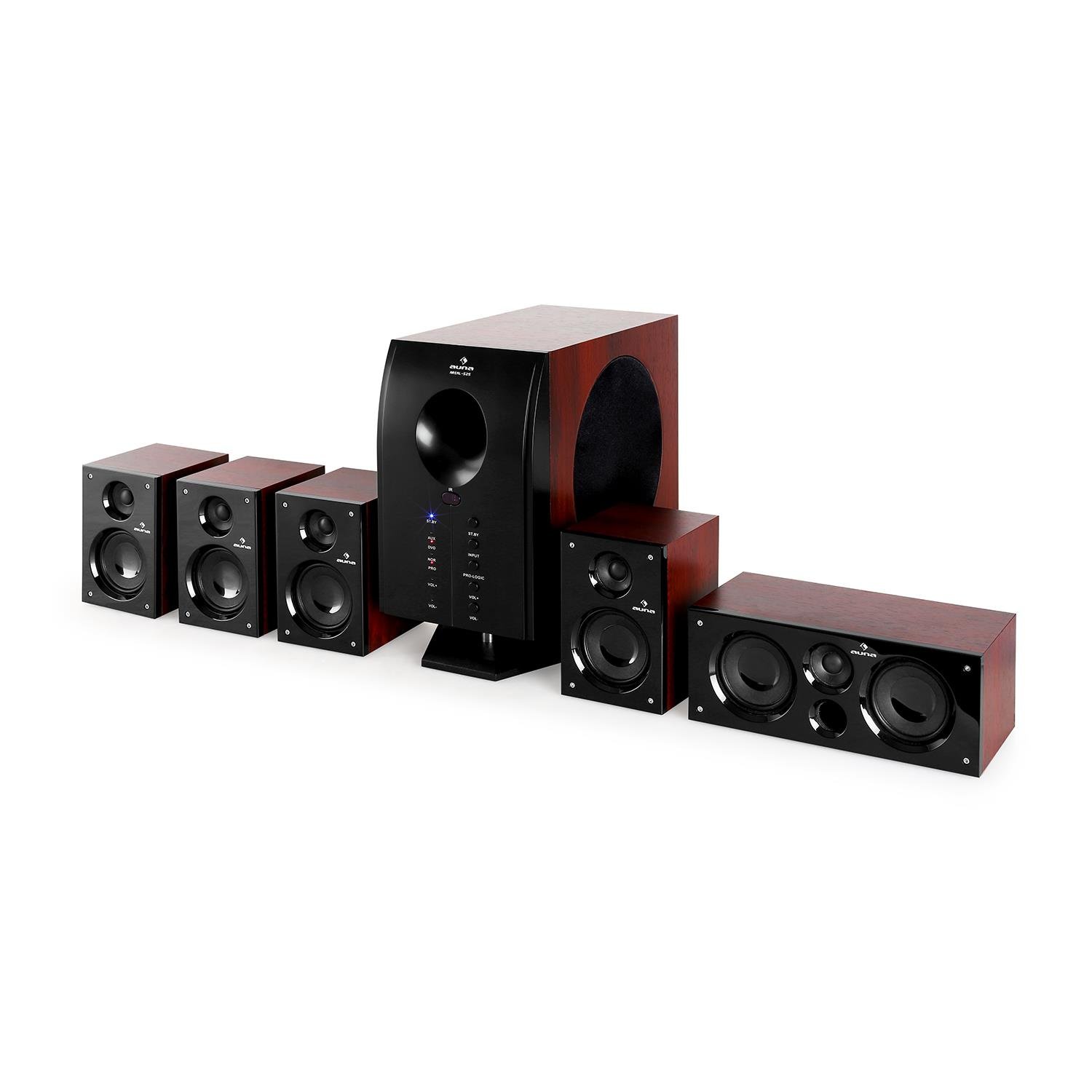 AUNA Areal Active 525-5.1 Surround Sound System, Home Theater System, Elegant Design, Bass Reflex, 5 Satellite Speakers, Bluetooth, USB Port, SD, AUX, Walnut