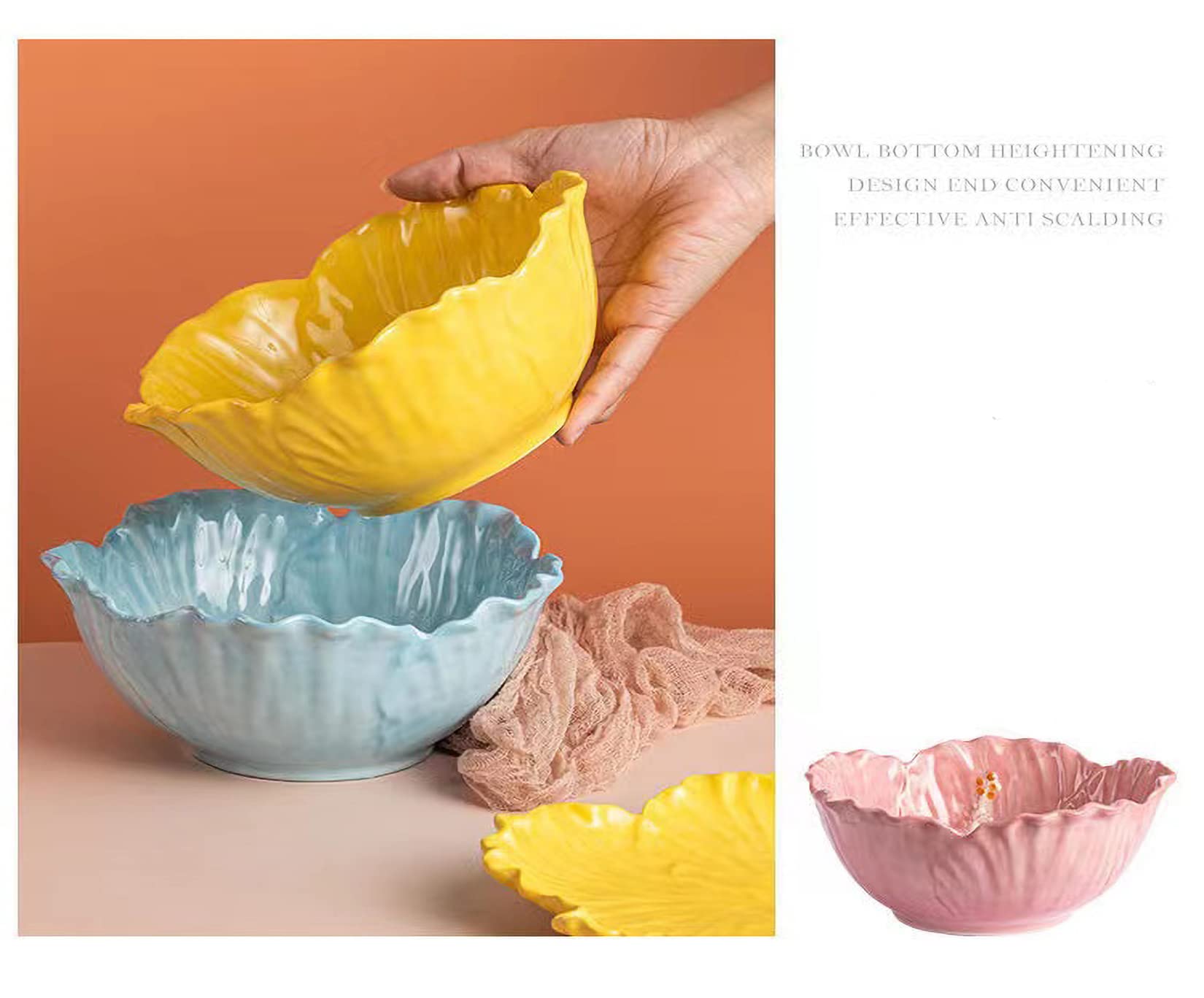 AwakingWaves Cute Handmade Ceramic Cereal Bowl with Hibiscus Designs for Fruit, Salad and Soup,Sculpted Flower-Shaped Candy Pink Bowl for Kitchen, Microwave and Dishwasher Safe, Party Decor