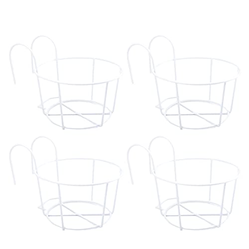 defutay Hanging Railing Planters, 4 Pack Round Flower Pot Holders,Metal Pot Plant Baskets for Balcony,Garden,Indoor & Outdoor(White,4 PCS)