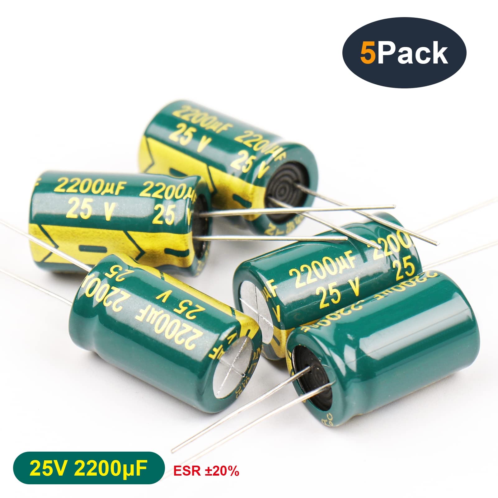 BEEYUIHF 2200UF MFD Capacitor 25V2200UF 13x21mm Aluminum Electrolytic Capacitors ±20% -40℃ to +105℃ (Pack of 5 Pcs)