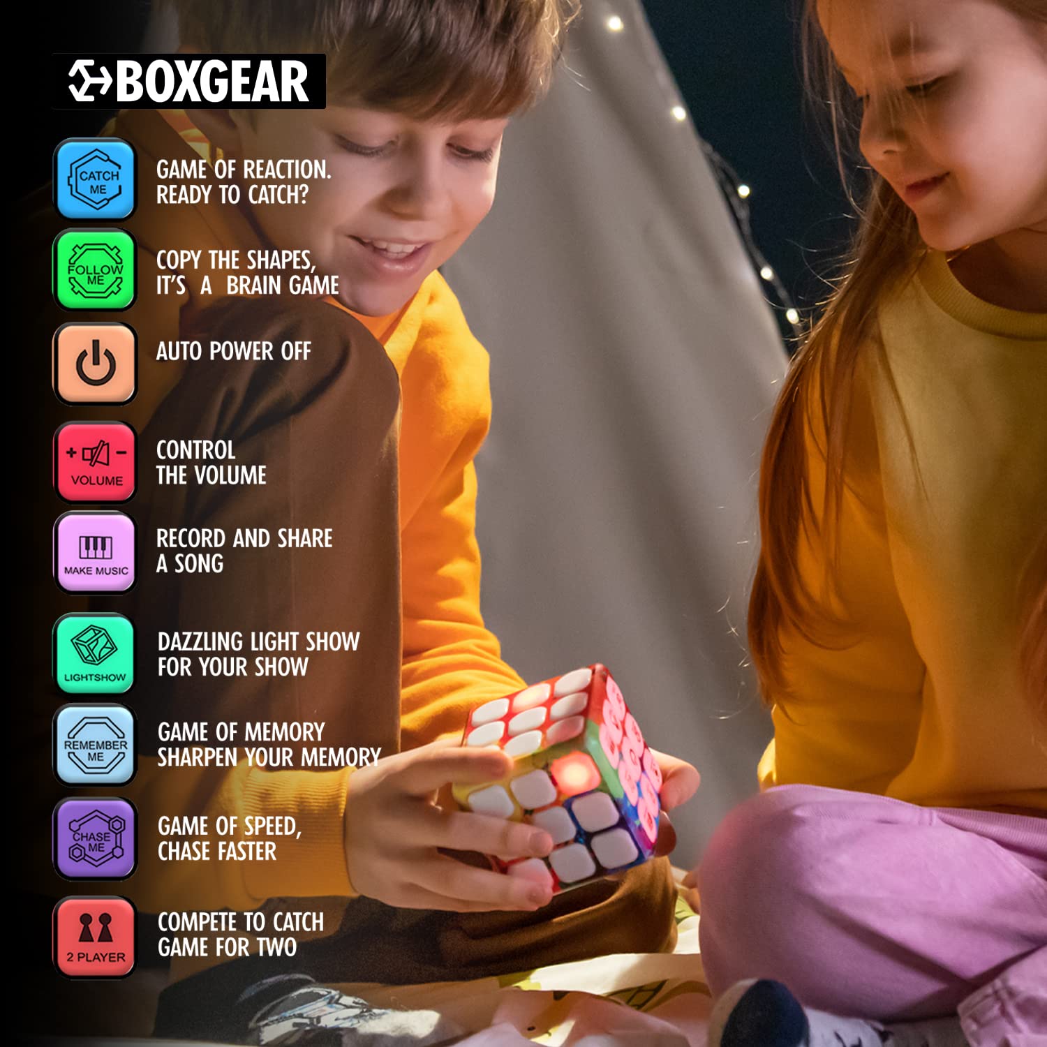 Boxgear Flashing Cube Memory Game – LED Flashing Puzzle Cube for Adults and Children – Sensory Fidget Cube with 5 Brain Games – Light Up Handheld Cube Fidget Toy for Stress Relief and Stimulation