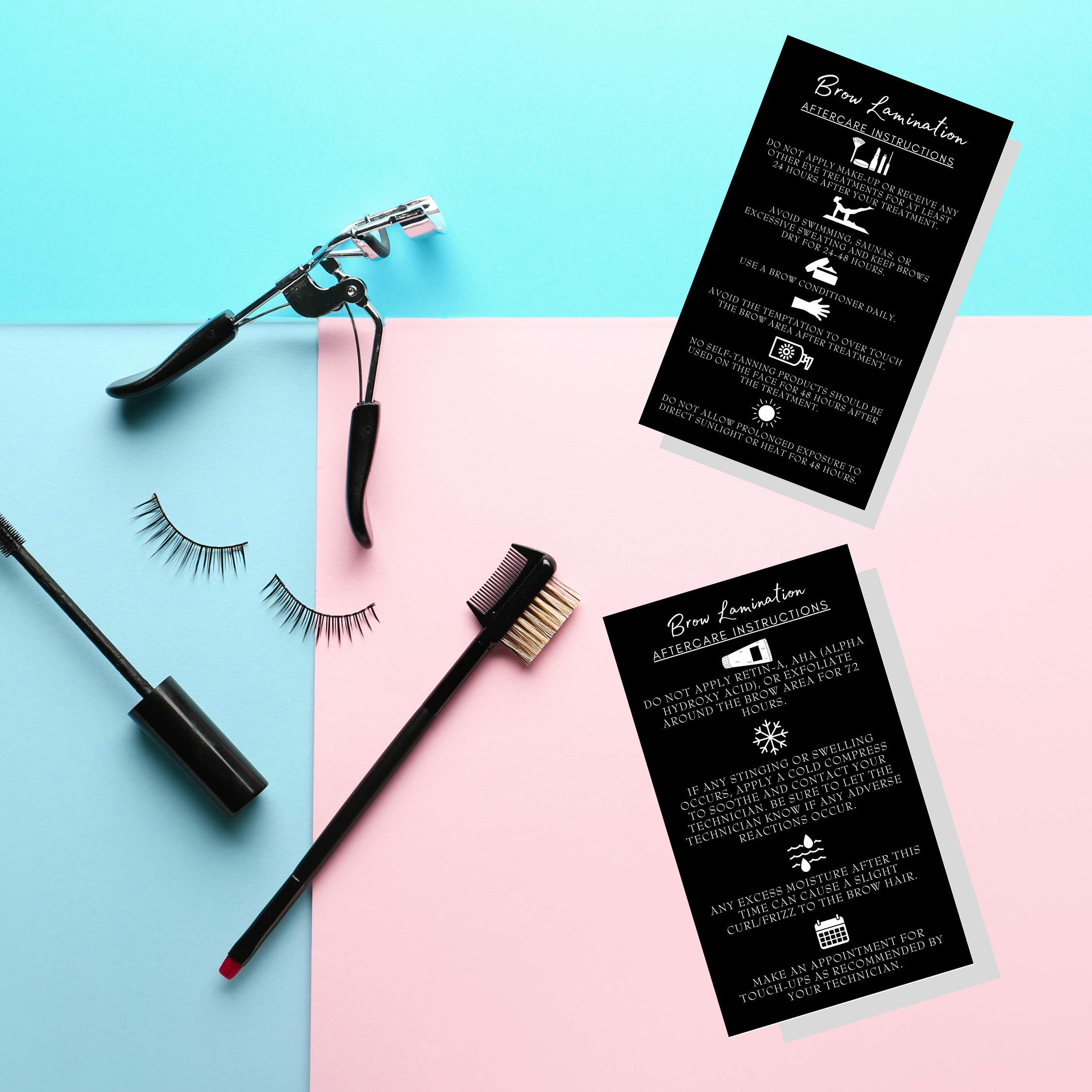 Brow Lamination Aftercare Instruction Cards | 50 Pack | 2x3.5β inches Business Card Size | Starter Lift Kit At Home DIY Brow Lift and Tint | Snatched Brows Black with White Icons Design