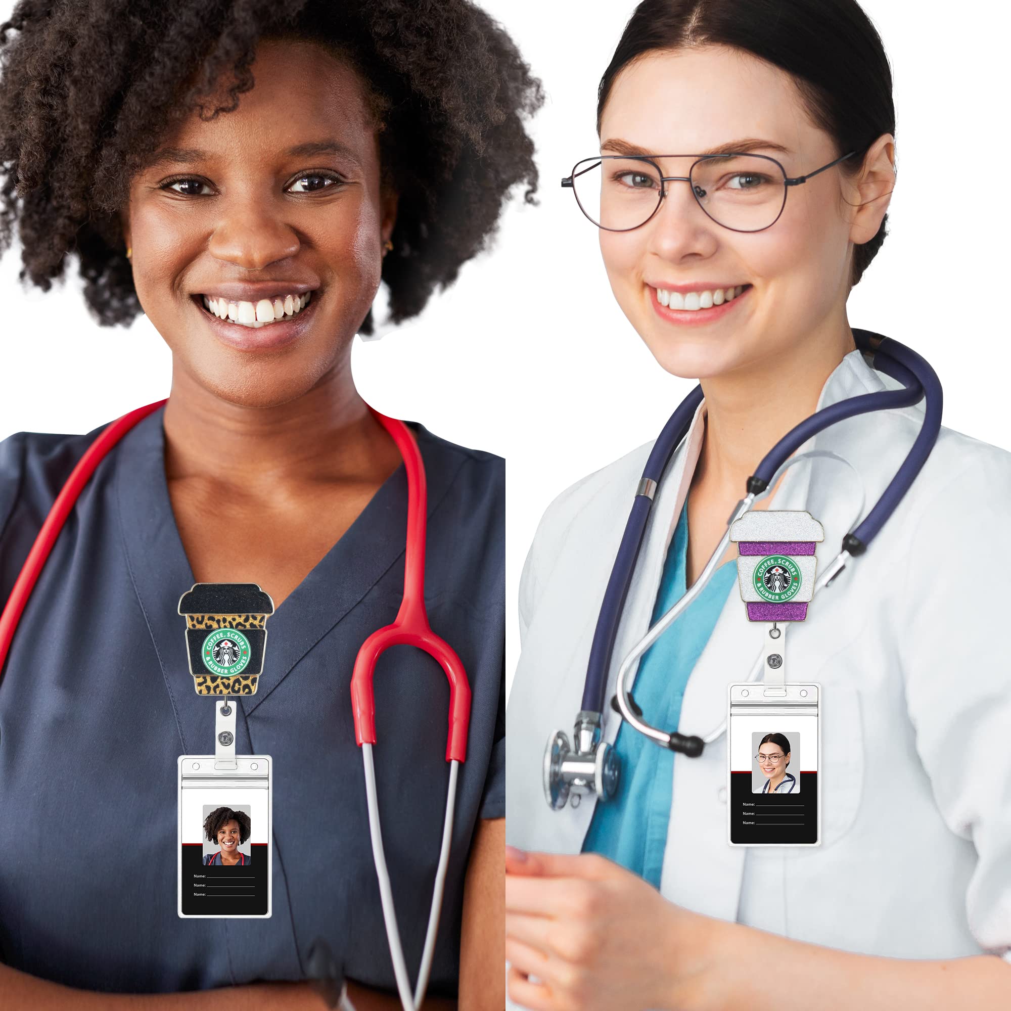 Badge Reel Retractable for Nurses, Nursing Badge Reel with Belt Clip or Alligator Clip for Nursing Student, Doctors and RN, Perfect Nurse Grad Gift, Cute Coffee Scrub Heart Pattern