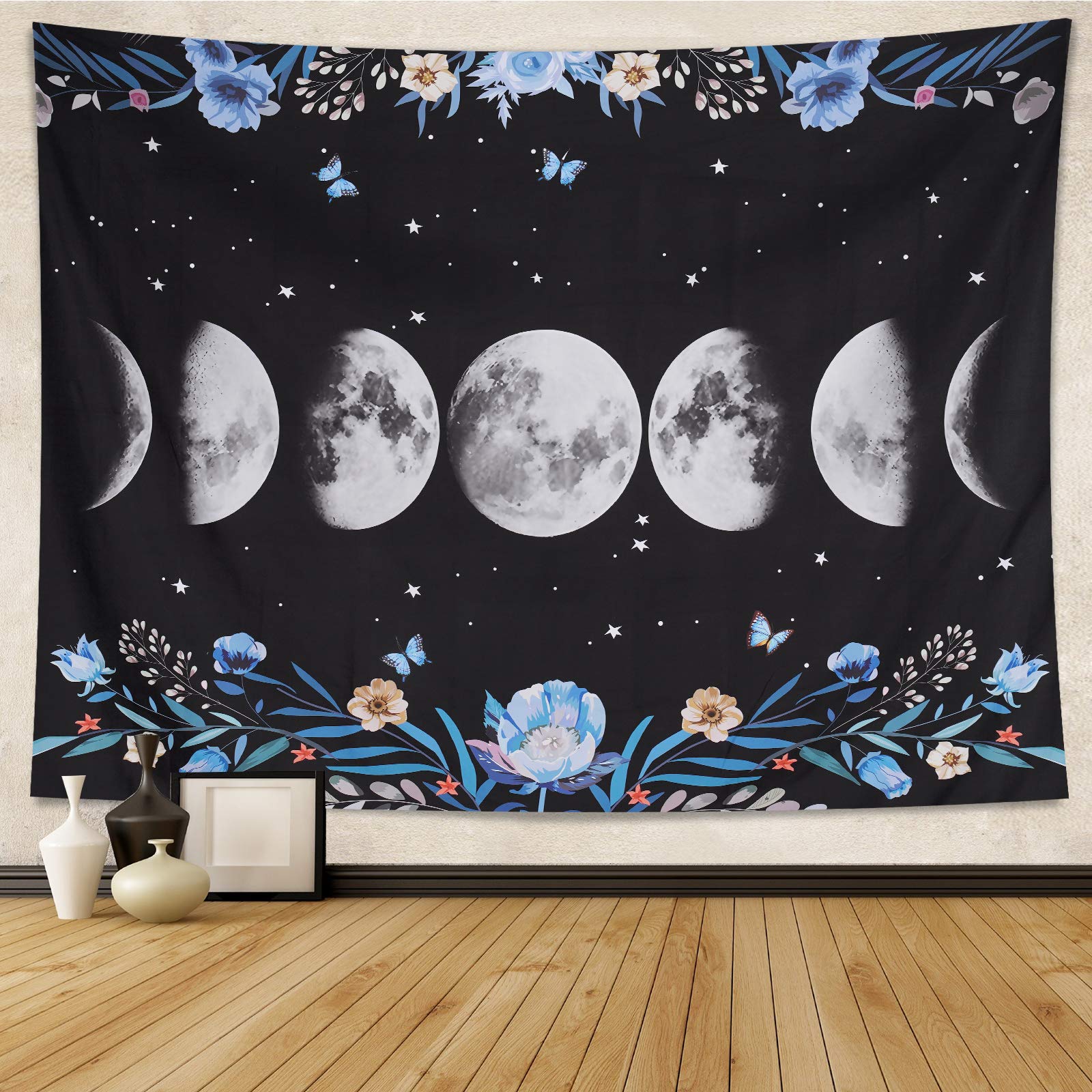 Pocass Moon Phase Tapestry with Floral Vine Butterfly Moonlit Garden Tapestry Black Background Flower Wall Hanging Tapestry for Home 59.1ʺ × 78.7ʺ