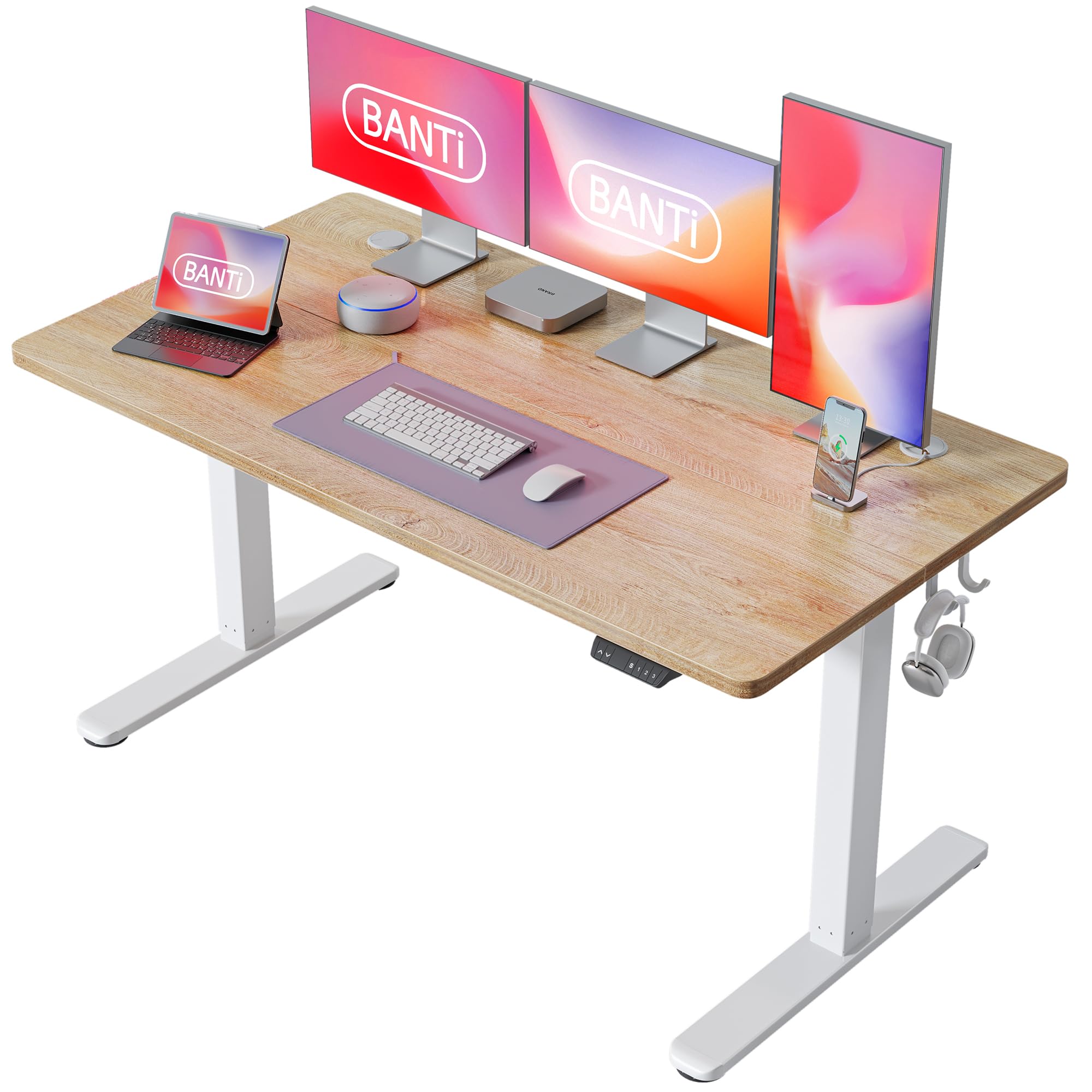 BANTI 55'' Standing Desk, Electric Stand up Height Adjustable Home Office Table, Sit Stand Desk with Splice Board, Maple