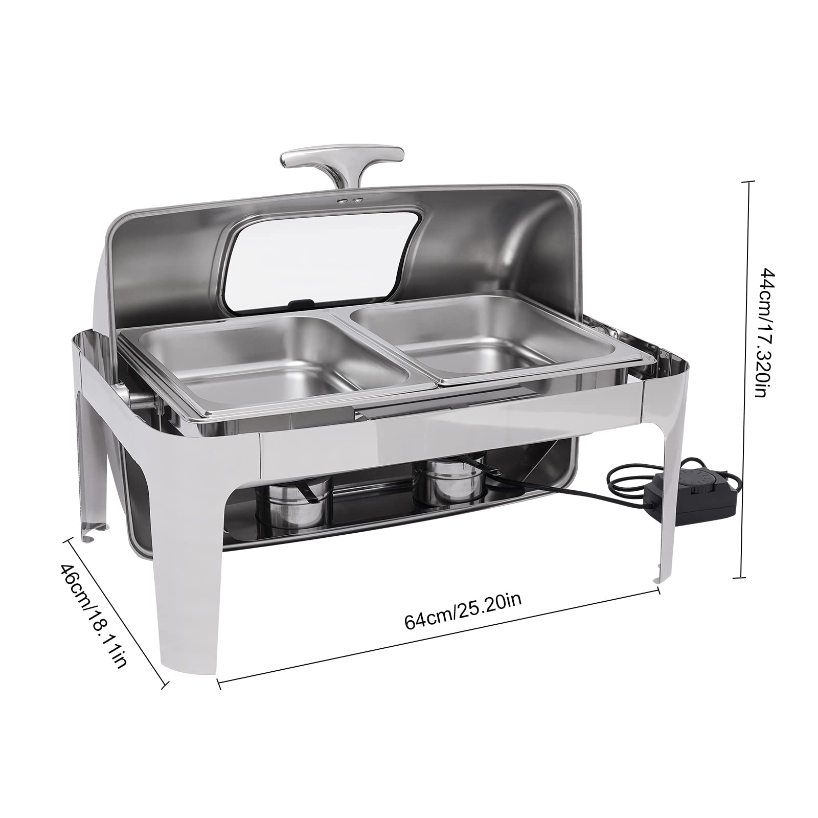 BANLICALI 2 Pan Chafing Dish, Stainless Steel Roll Top Chafing Dish Buffet Set, 9L/9.5QT Commercial Chafer Chafers Catering Rolling Buffet Servers with Warmers for Party Hotels Silver 400W 110V