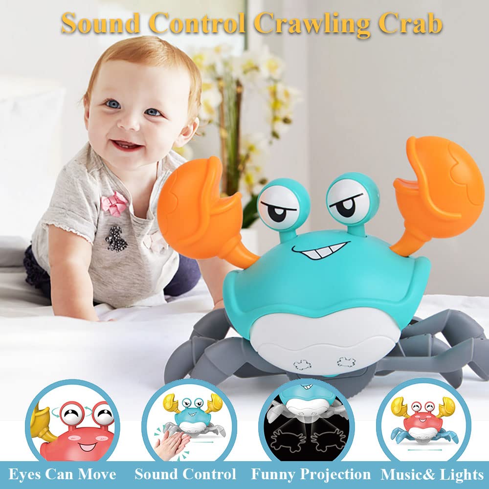 NEXTAKE Sound Control Crawling Crab Toy, Voice-Activated Crab Toy Interactive Dancing Crab Child Development Crawling Toy with Music, Lights and Projection Function-Eyes Can Move (Blue)